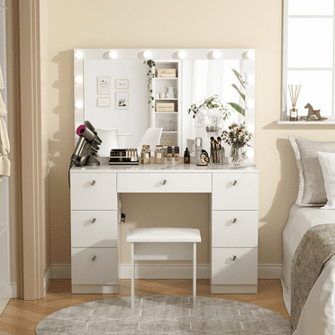 Polifurniture Olivia Modern Bedroom Vanity Table with Lighted Mirror ...