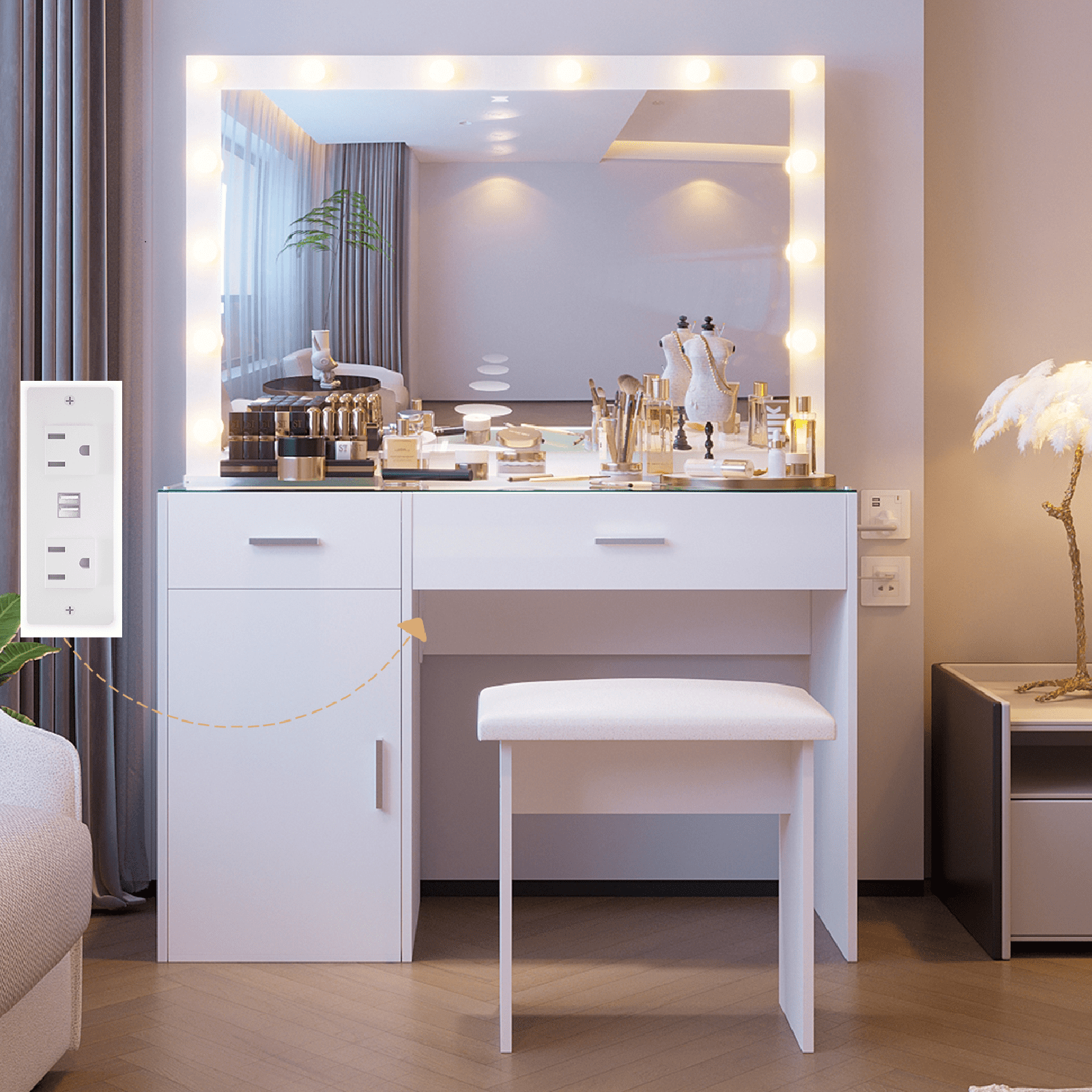 RichYa Modern White Makeup Vanity Desk with Glass Top Mirror and Lights ...