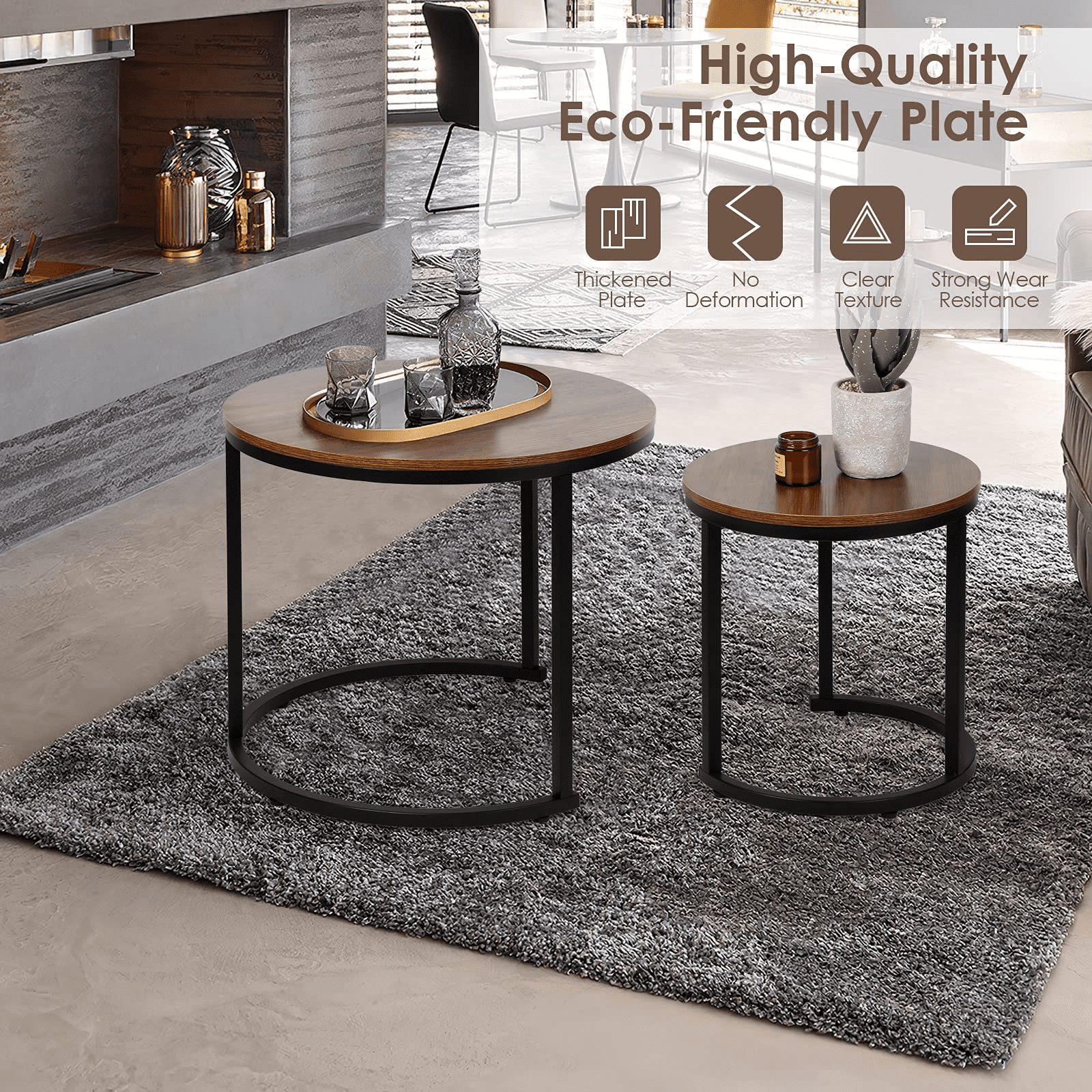 RichYa Modern Wooden Coffee Table Set of 2, Round Metal Top Side End ...