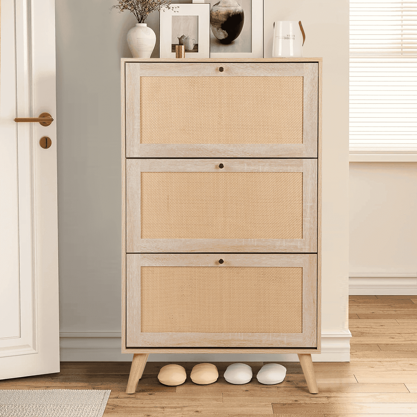 RichYa Rattan Shoe Cabinet with 3 Flip Drawers, Entrance Hallway ...