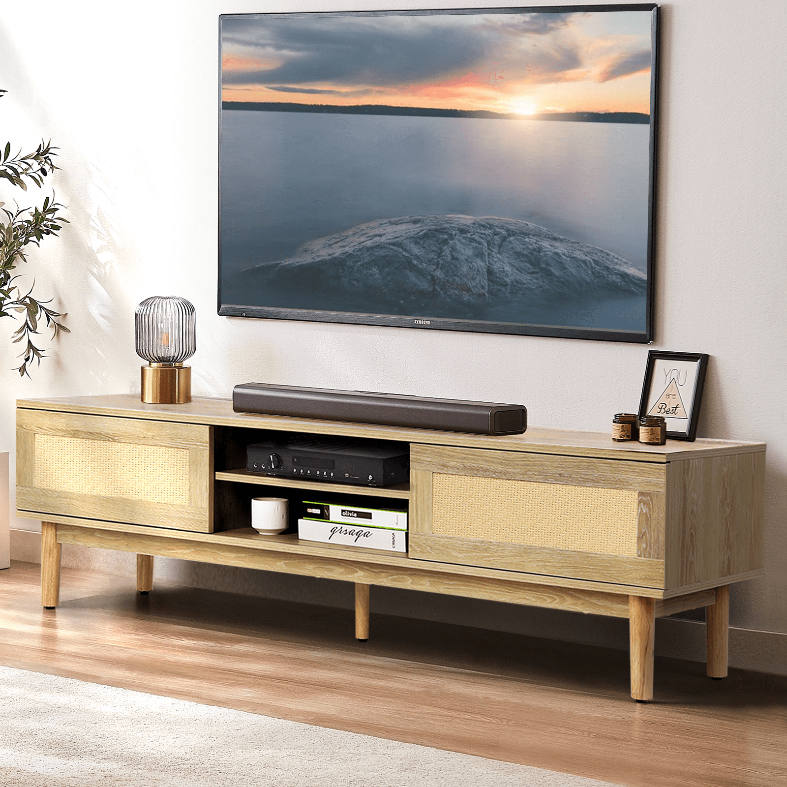 RichYa Rattan TV Stand for 55 60 65 Inch TV Console with 2 Sliding Doors Entertainment Center with Removable Shelf TV Cabinet for Living Room and