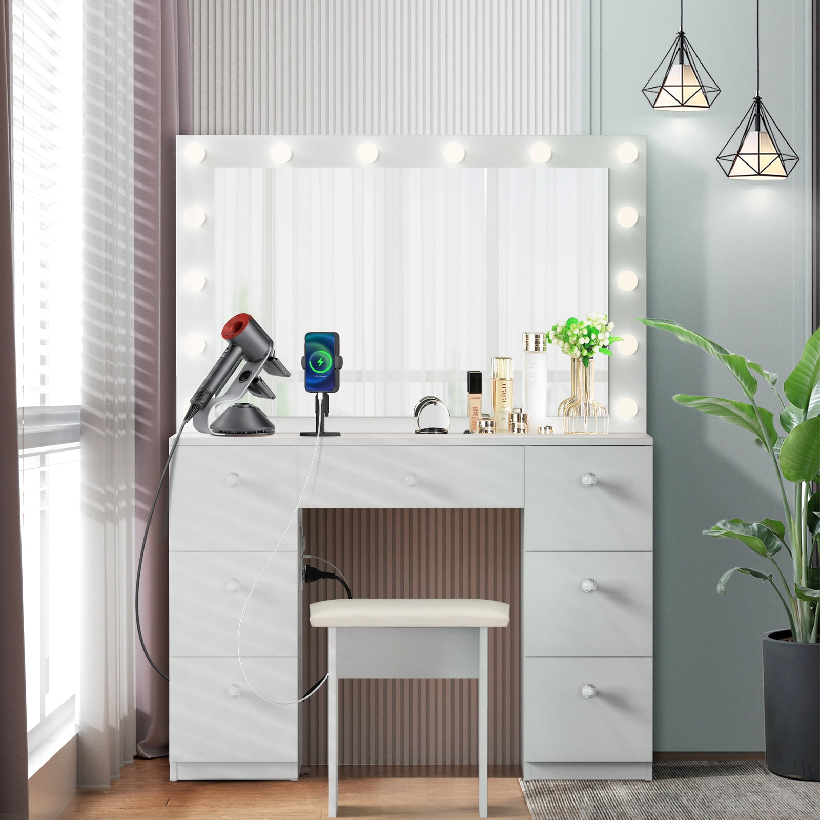 RichYa Modern Makeup Vanity Desk with Lighted Mirror and Sturdy Stool ...
