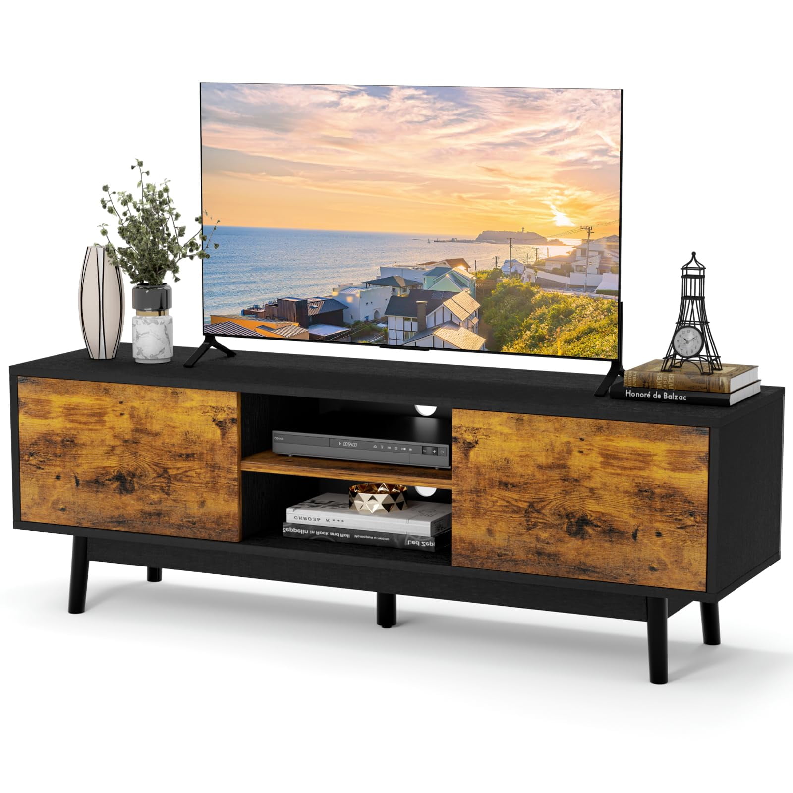 RichYa TV Stand Console, Rustic Brown Black, 59 Inch, 2 Tiers, Cable ...
