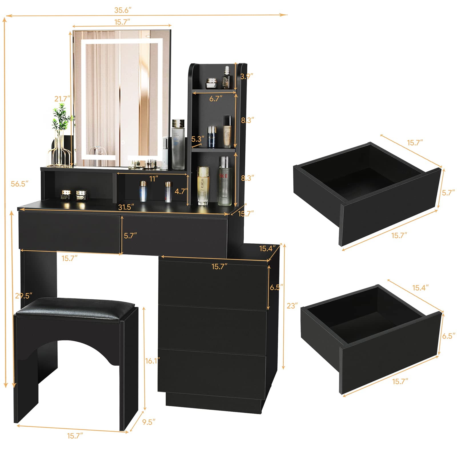 RichYa Vanity Desk Sets with Lighted Mirror Makeup Table with 3 Color ...