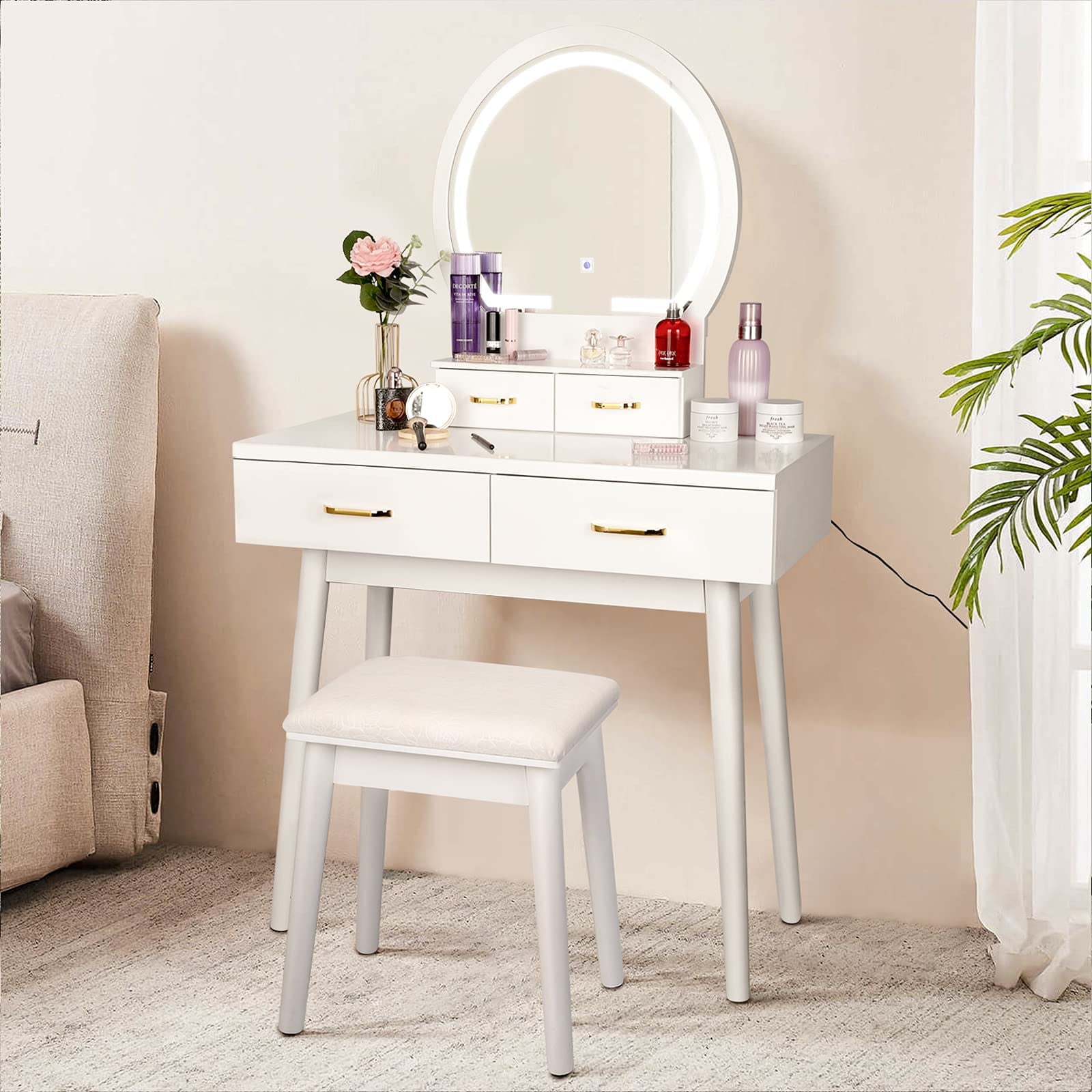 RichYa Bedroom Vanity Table with LED Touch Lighted Mirror, Storage ...
