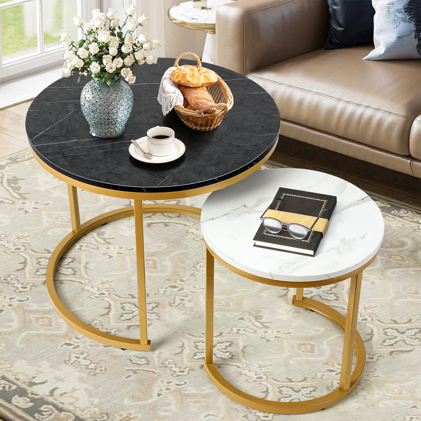 RichYa Wooden Nesting Coffee Table Set, 23.6'' Round Tabletop, Metal ...