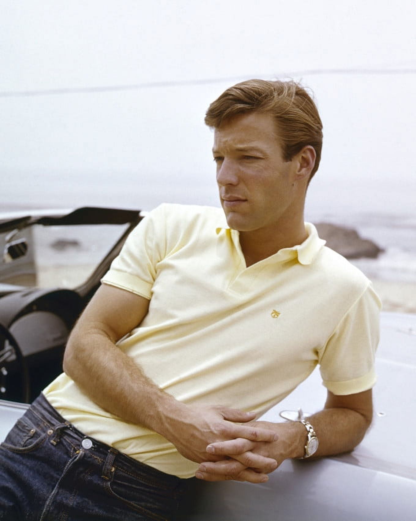 Richard Chamberlain 1960's Pose In Yellow Polo Outfit Leaning Against ...
