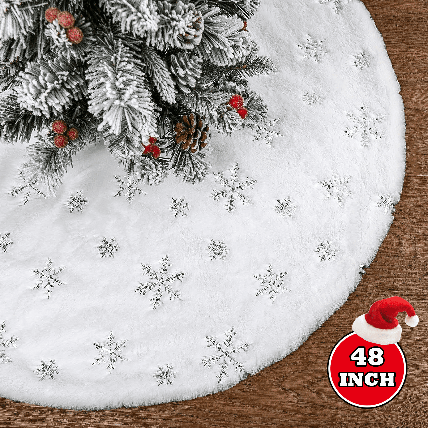 Richgv 48 Inches White/Silver Christmas Tree Skirt, Faux Fur Xmas Mat ...