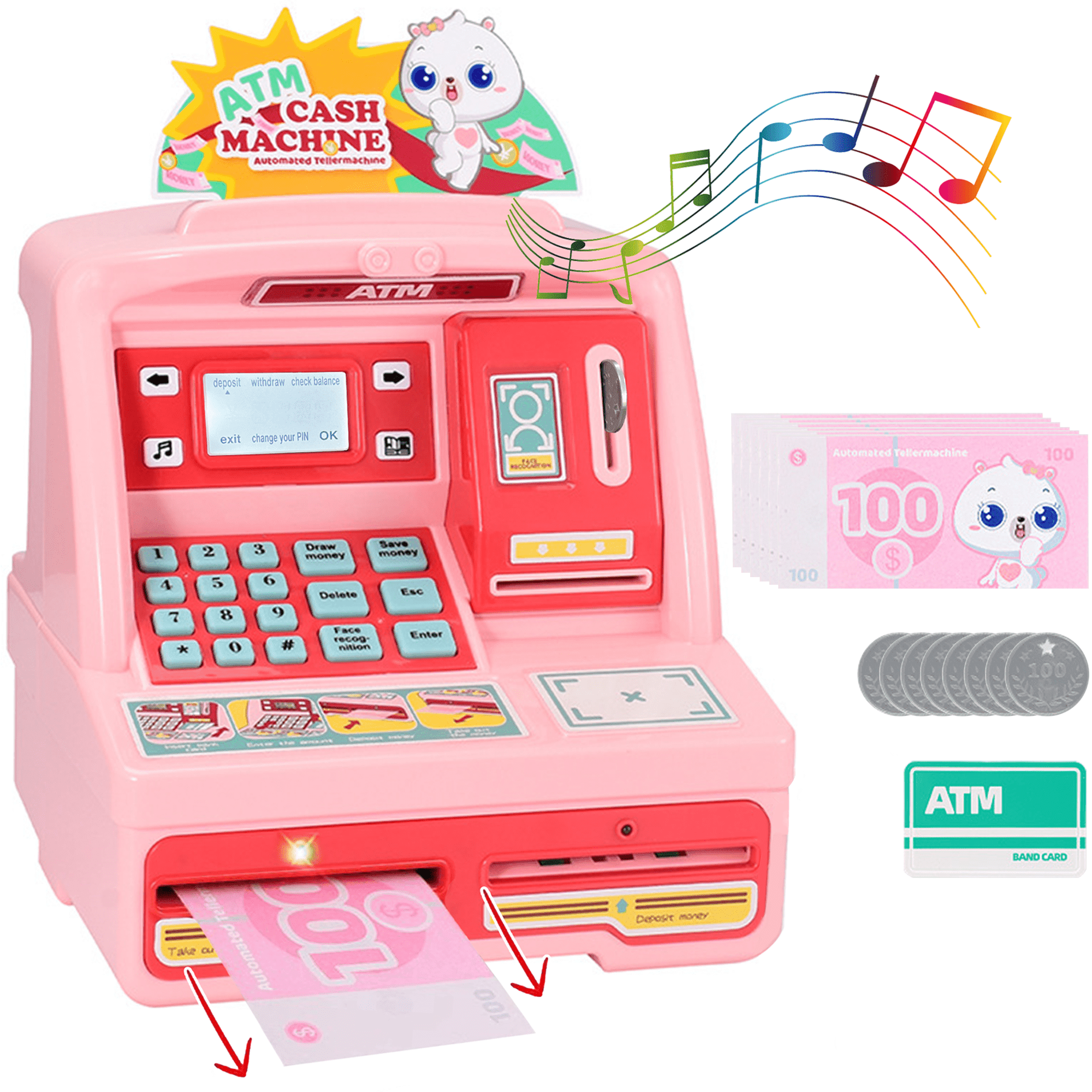 Richgv ATM Savings Bank Machine Toy for Kids, Pretend Play Toy Money Bank with Card Music Sounds ...