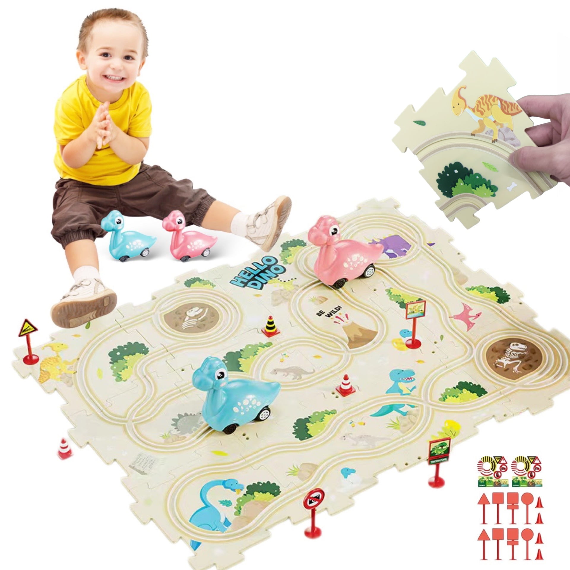 Richgv Puzzle Racer Kids Car Track Set with 2 Dinosaur Cars, Montessori ...
