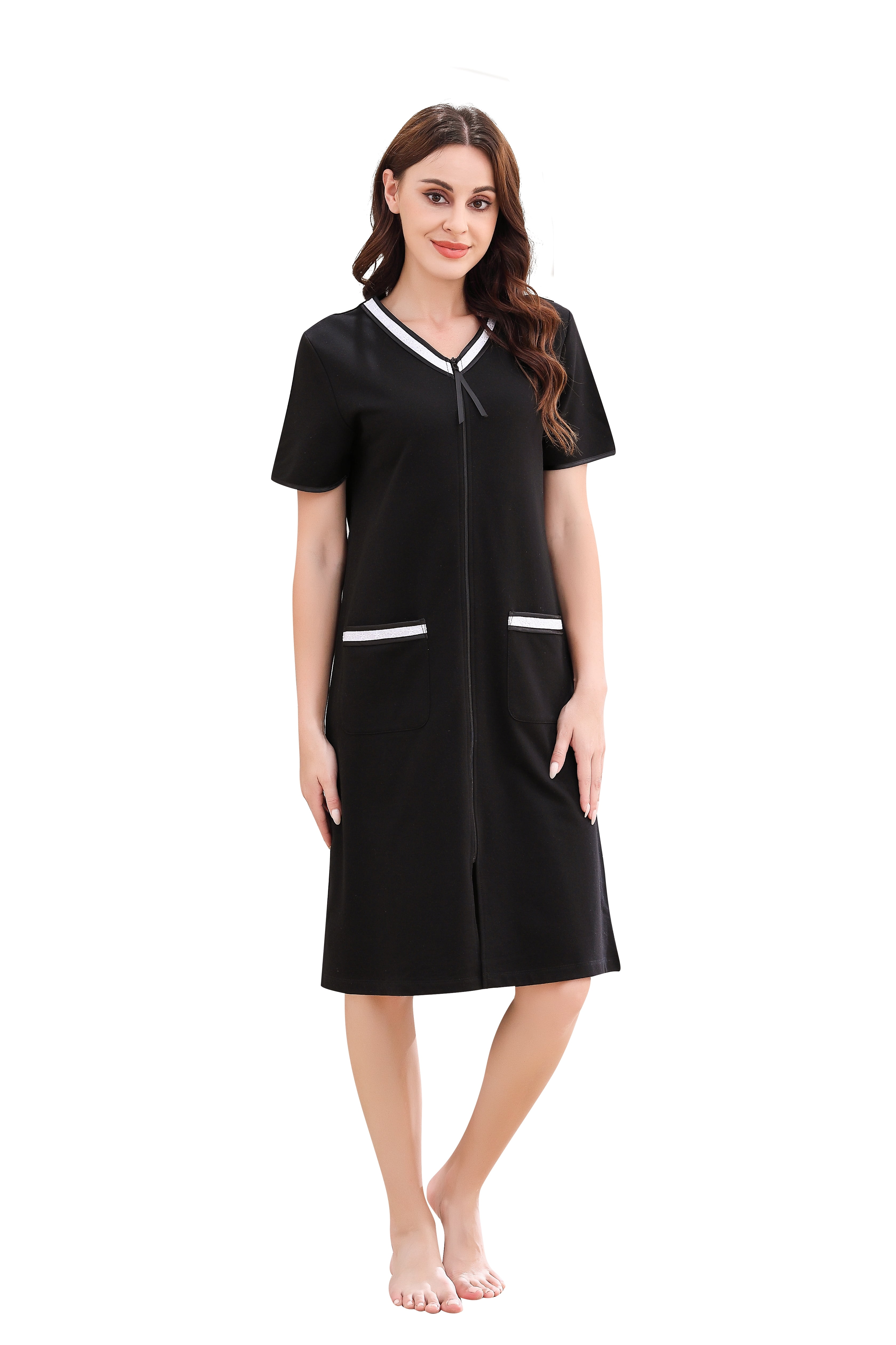 Richie House Women Zipper Robe, Short Sleeve Loungewear, Cotton Blend ...