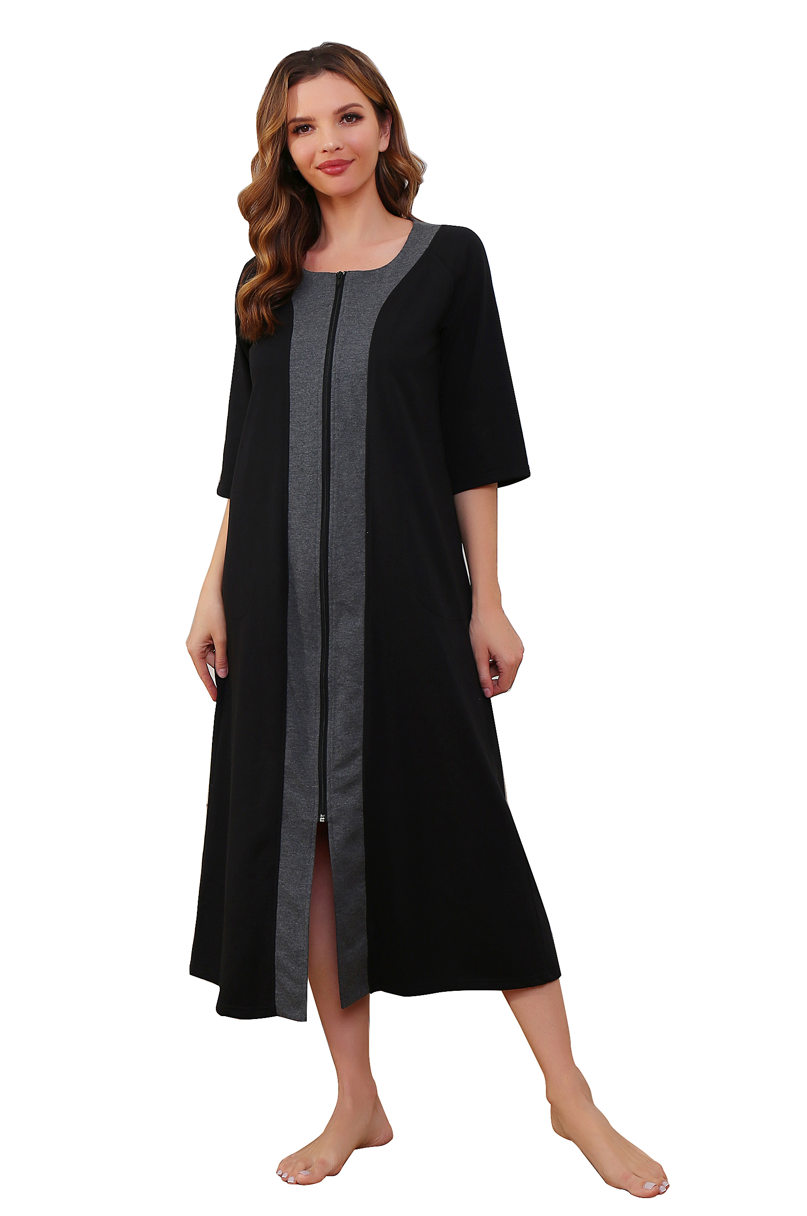 Richie House Women Zipper Robes Full Length Nightgowns Loose Housecoat ...