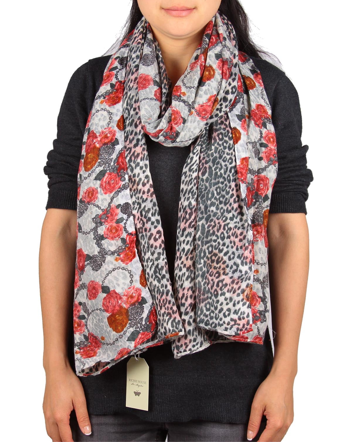 Richie House Women's Reversible Snow Leopard Print and Roses Scarf ...