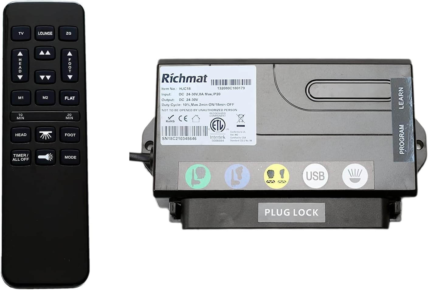 Richmat HJH55 Remote + HJC18 Control Box for Adjustable Bed Base Combo ...