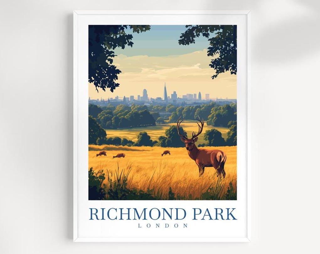 Richmond London Travel Print Wall Art – Illustrated Deer & Woodland ...