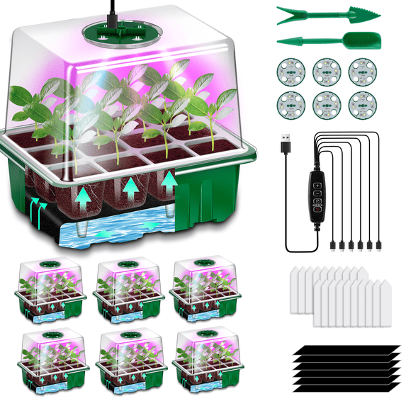 Richoose 6 Pack 72 Cells Self-Watering Seed Starter Tray with Grow ...