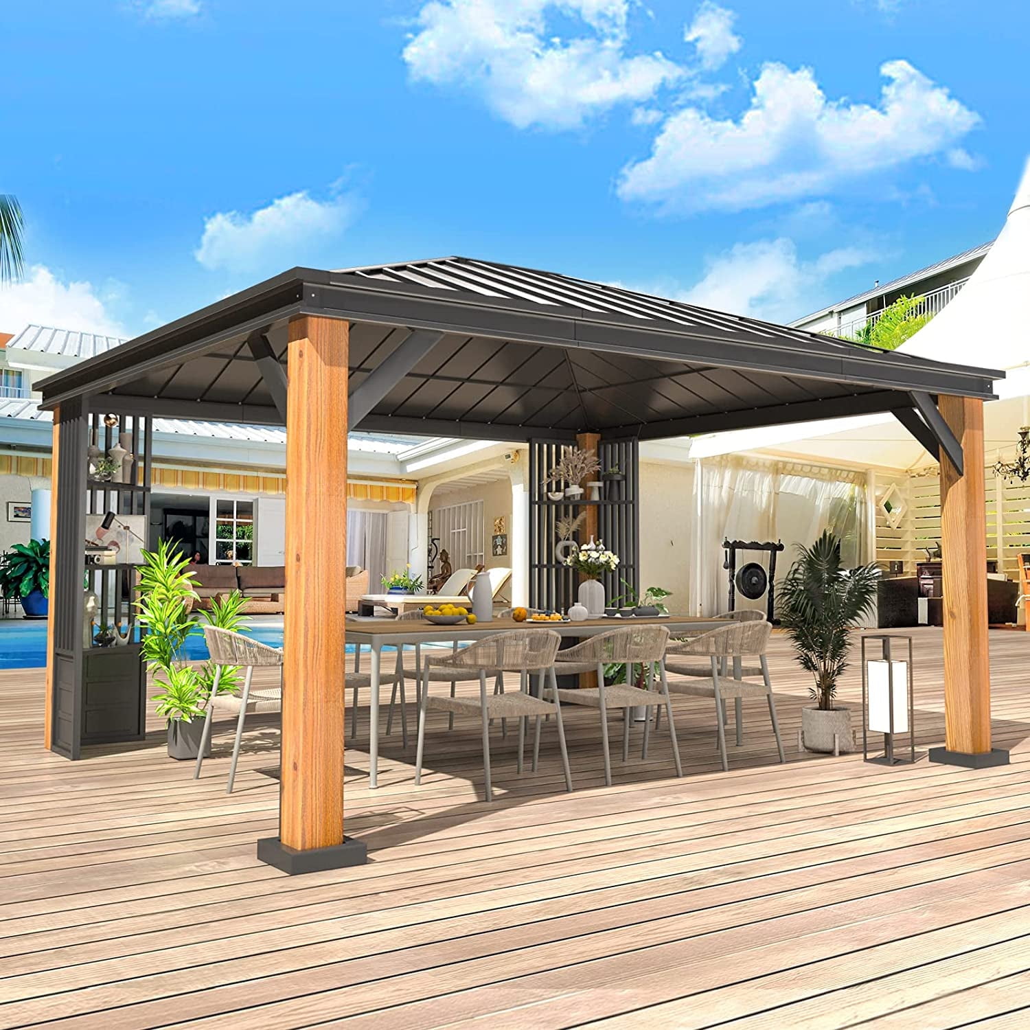 Richryce 12'x14' Solid Steel Hardtop Gazebo, Faux Wood Grain with ...