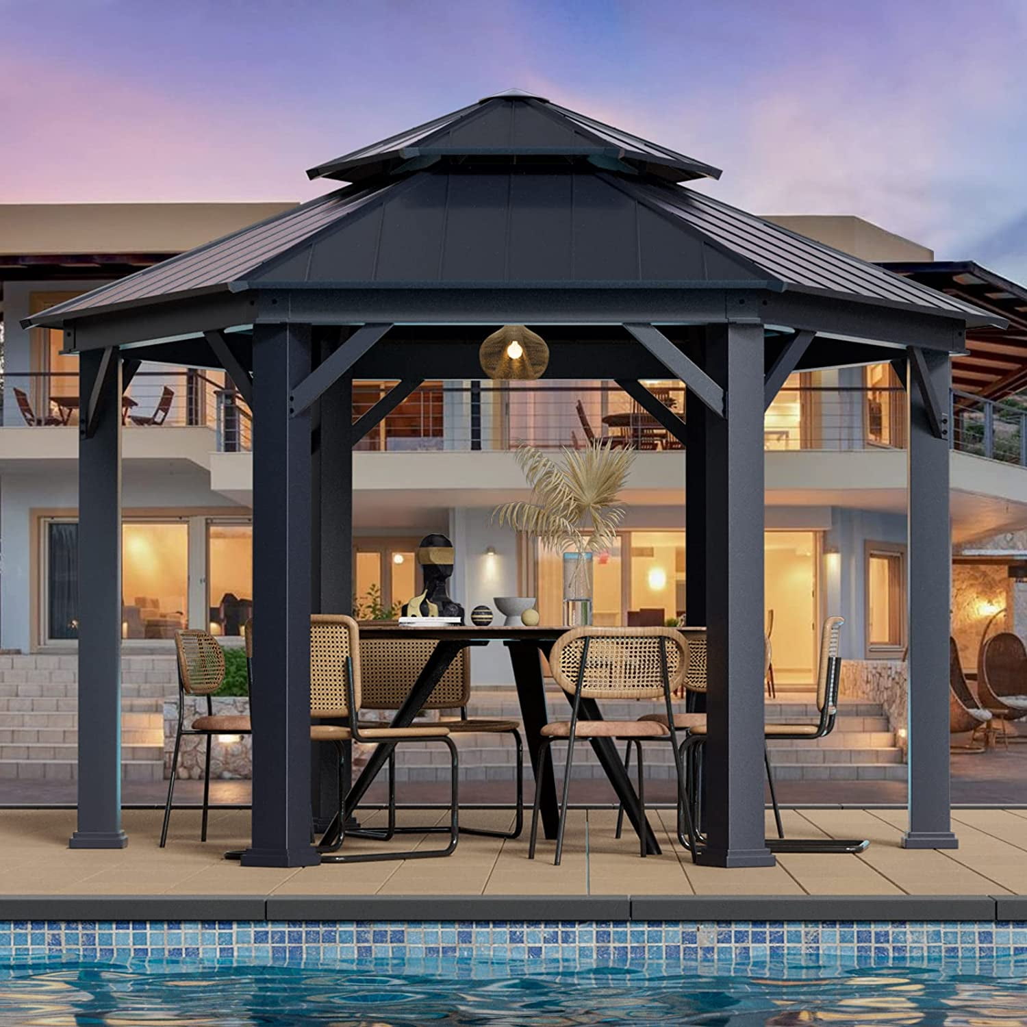 Richryce 15'x15' Metal Hardtop Gazebo, Hexagon Design, Aluminum Frame ...