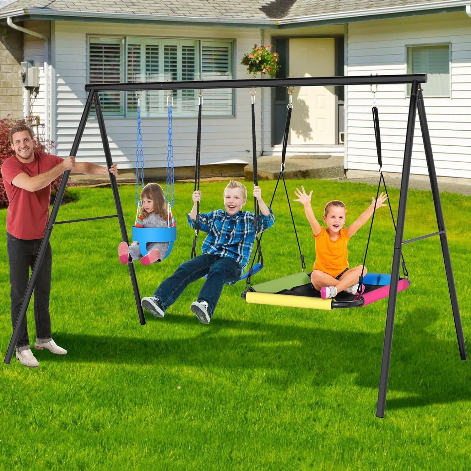 Richryce 3 Seats Swing Sets for Backyard, 1 Saucer Swing, 1 Belt Swing ...