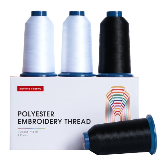 RICH WORD, Polyester Embroidery Thread, 4000M 40WT, Black White Set ...