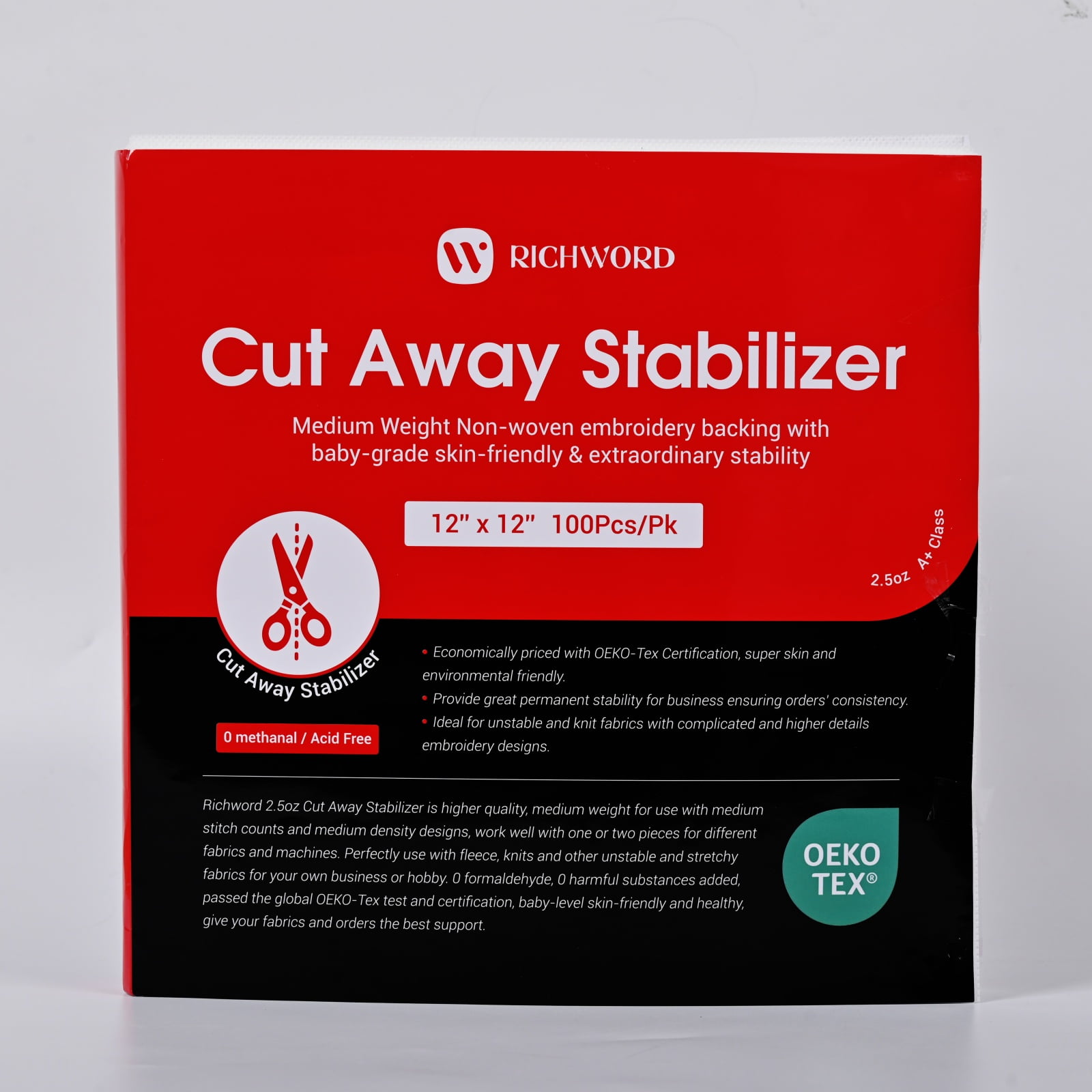 Richword Cut Away Embroidery Stabilizer 12"x12" 100 Precut Sheets for ...