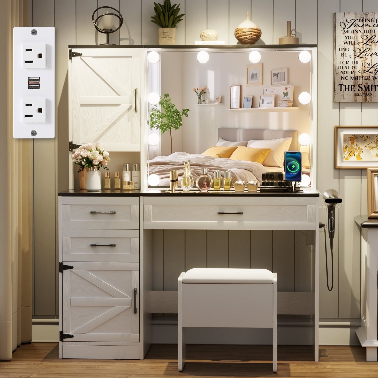 Richya Farmhouse Makeup Vanity Table Set with Lighted Mirror & Drawers ...