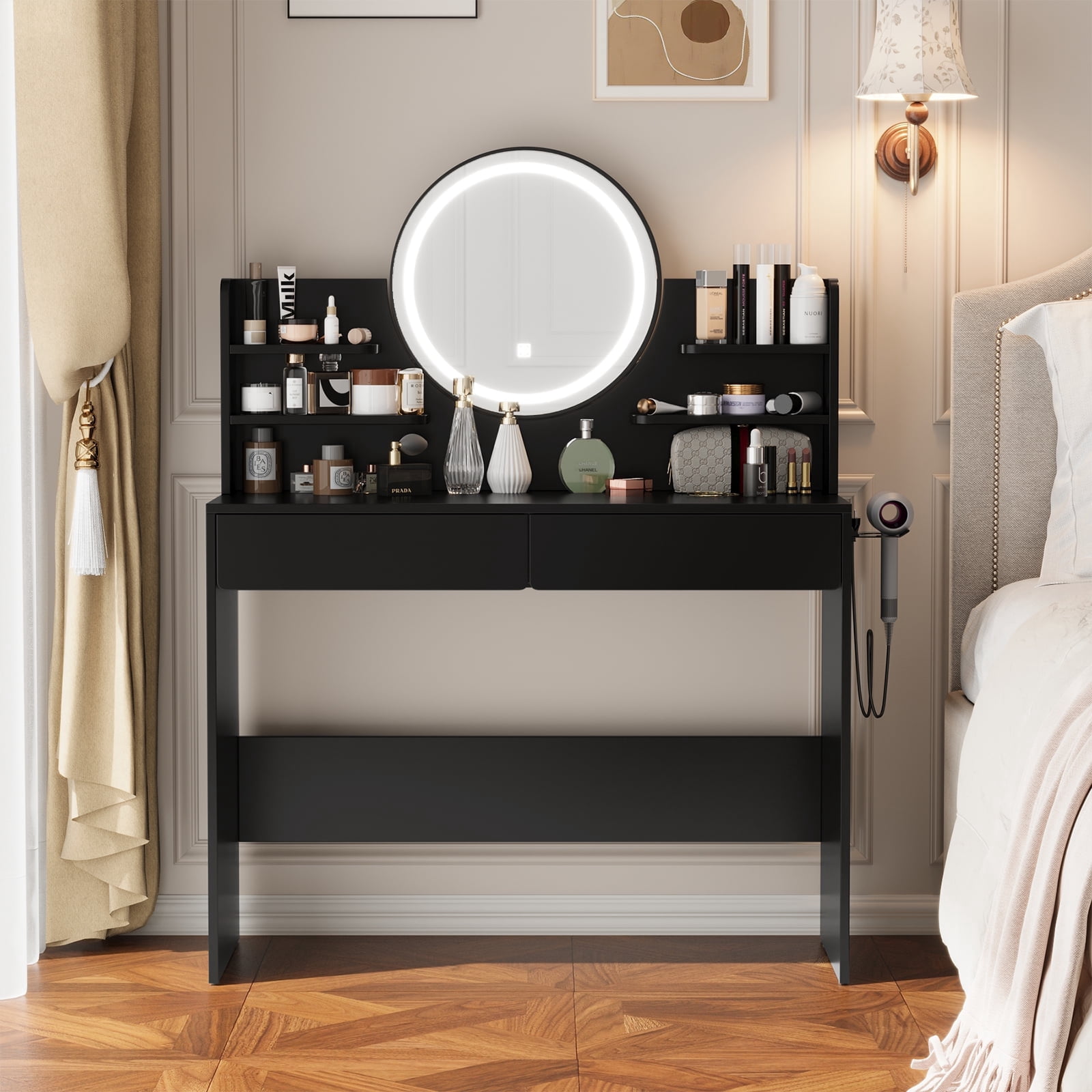 Richya Makeup Vanity Desk Set with Lighted Mirror,2 Drawers and 6 ...