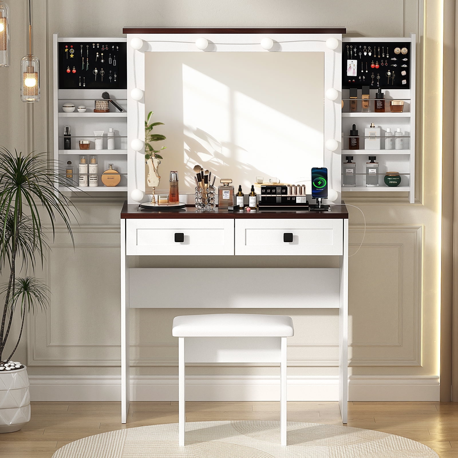 Richya Makeup Vanity Desk Table Set With 2 Sliding Hidden Drawers And ...
