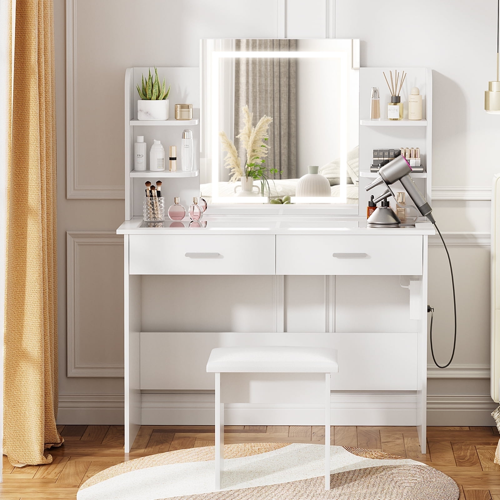 Richya Modern Makeup Vanity Desk with,Glass Top, Lighted Mirror,2 ...