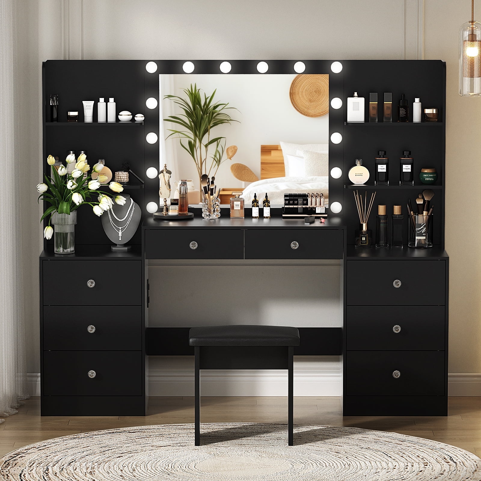 Richya Modern Makeup Vanity Desk with Lighted Mirror and Sturdy Stool ...