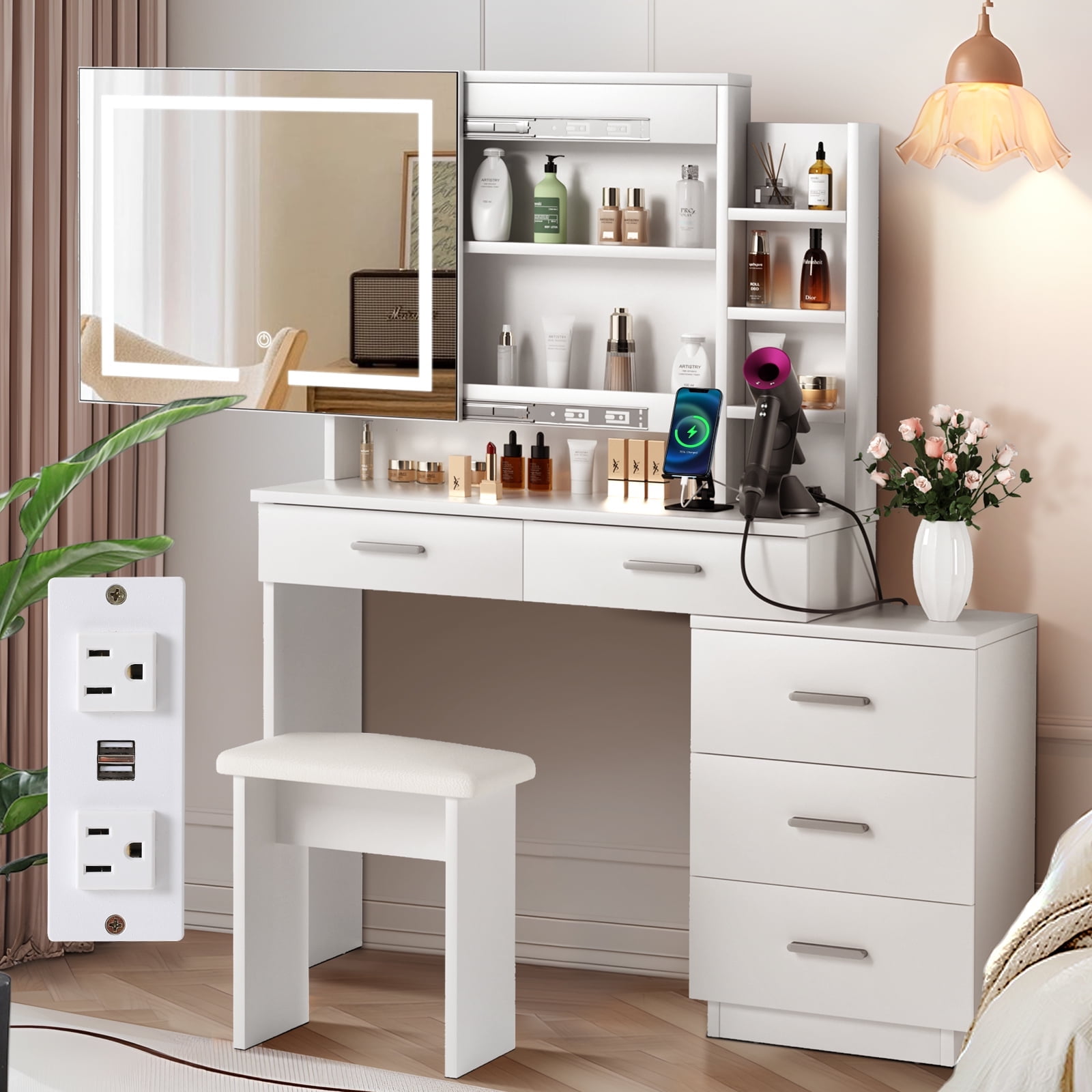Richya White Vanity Desk Set, Sliding Mirror with Lights, Makeup Table ...