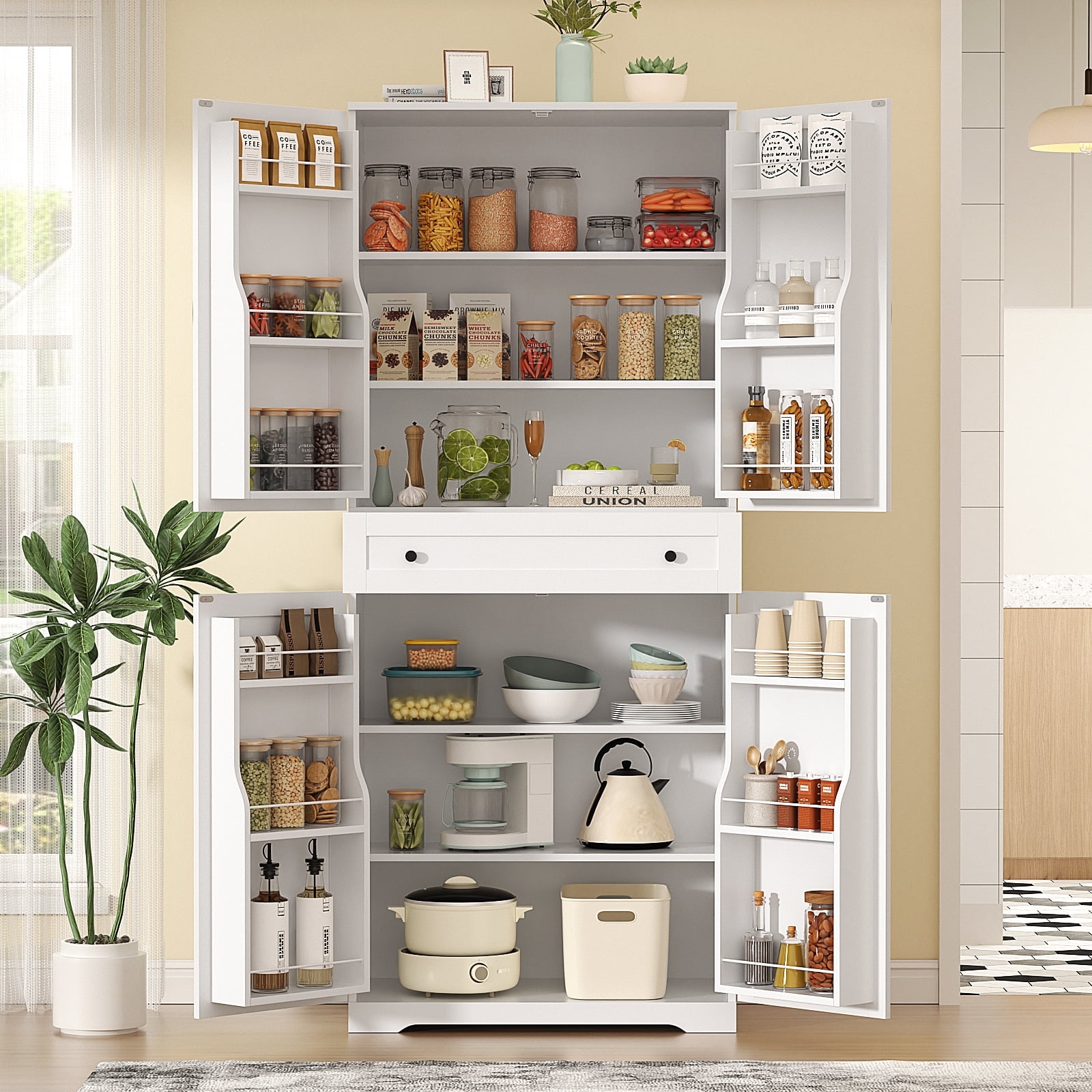 Richya Tall Kitchen Pantry Storage Cabinet with Doors and Drawer,Modern ...