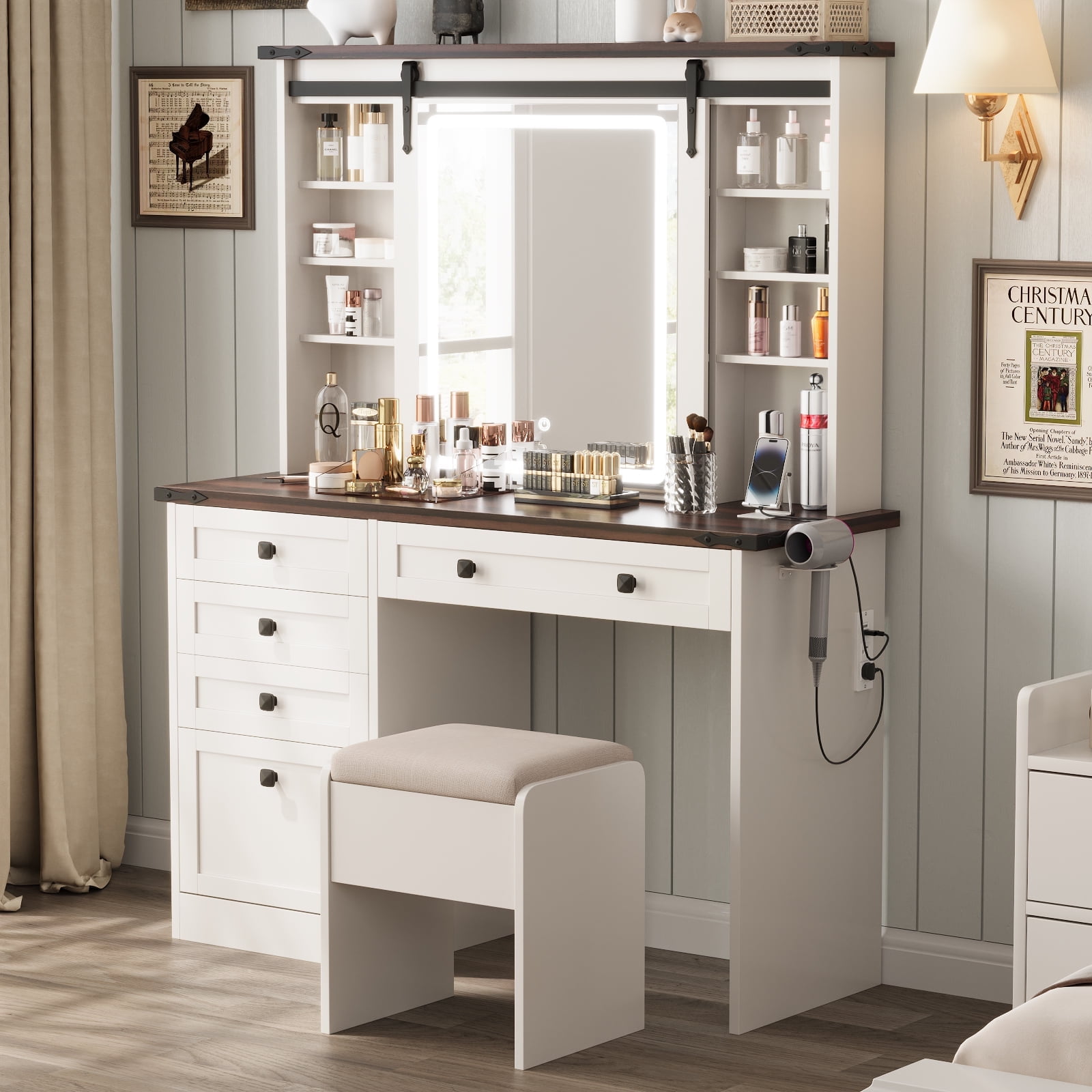 Richya White Farmhouse Vanity Desk Set with Sliding Mirror & Lights ...