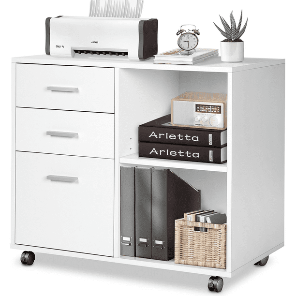 Richya Wood File Cabinet Printer Stand with Open Storage Shelf 3 Drawer File Cabinet Home Office White Walmart Business Supplies