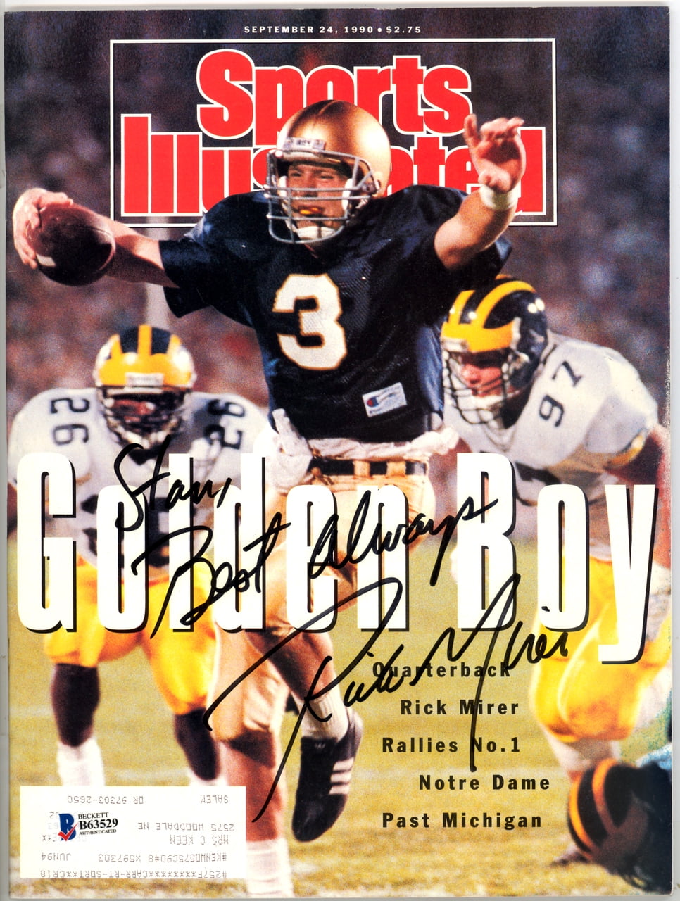 Rick Mirer Autographed Sports Illustrated Magazine Notre Dame Fighting ...