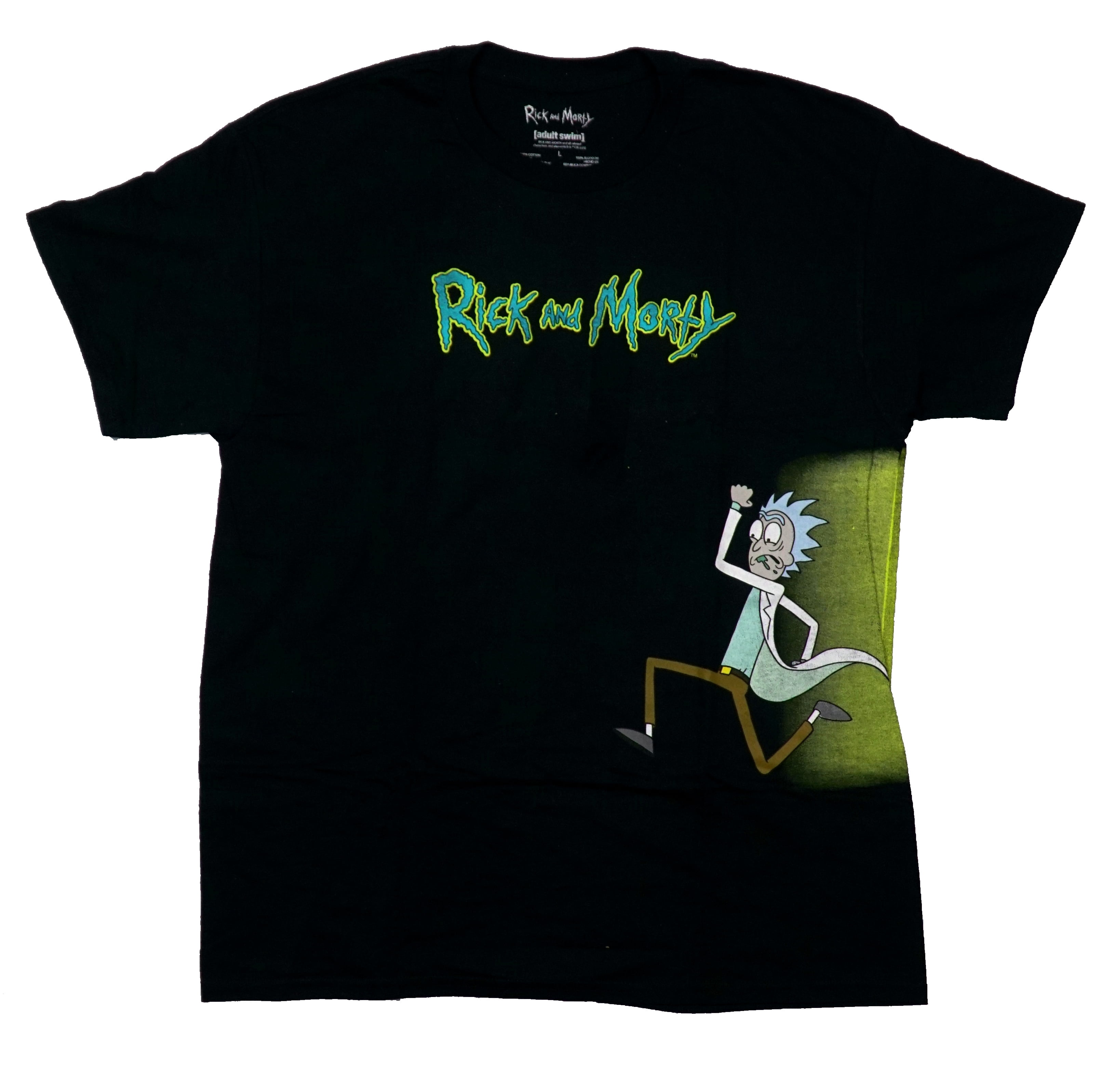 Rick & Morty Mens T-Shirt - Portal on Left Side Rick Running Front ...