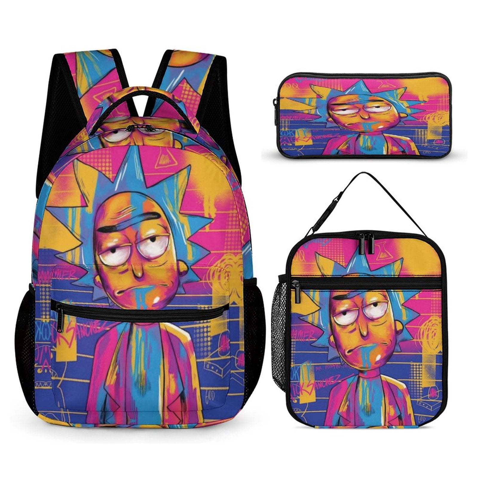 Rick Sanchez 3 Piece Backpack Set Anime Casual Daypack with Lunch Bag ...