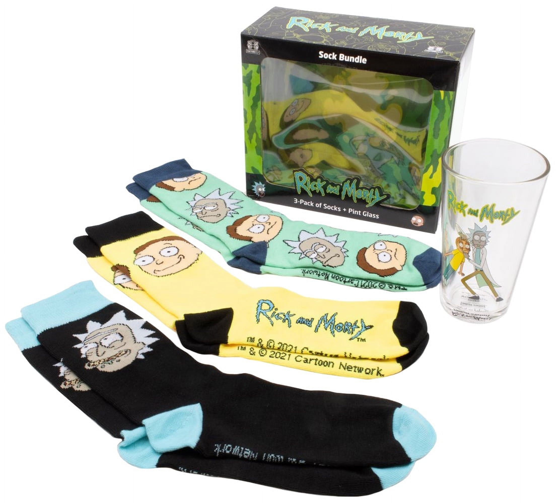 Rick and Morty 3 Pairs of Socks Plus Open Your Eyes Pint Glass Gift Set ...