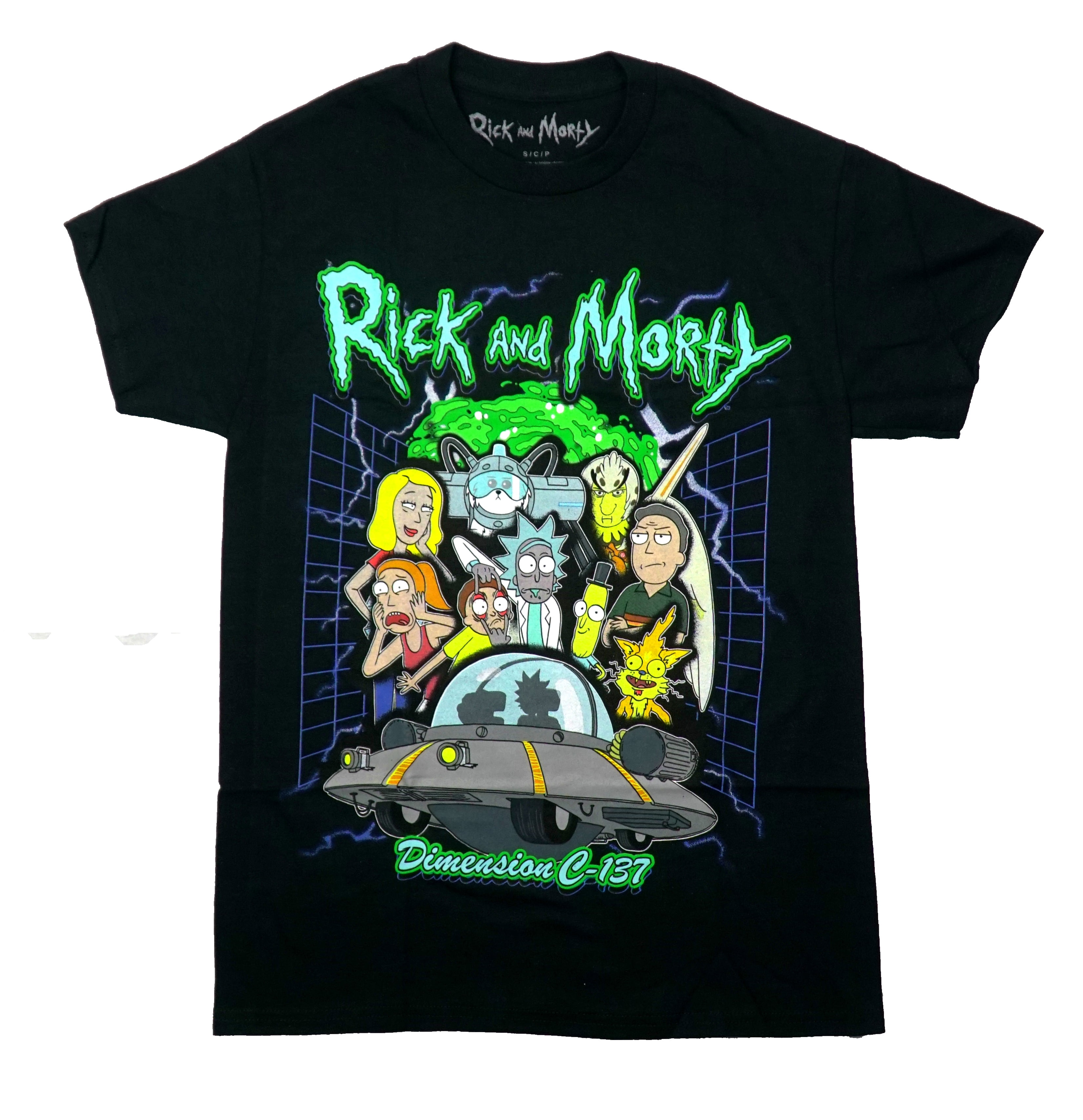 Rick and Morty Mens T-Shirt - Cast over Spaceship Dimension C-137 (X ...