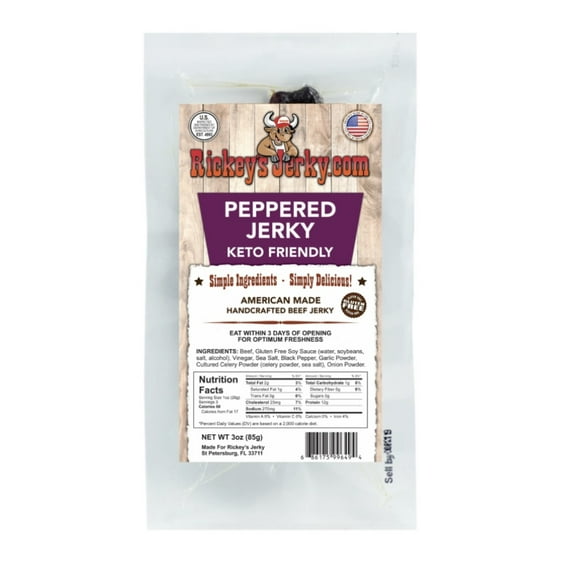 Rickey's Jerky, Peppered Beef Jerky - No Sugar Added, Keto-Friendly, Gluten-Free, High Protein ...