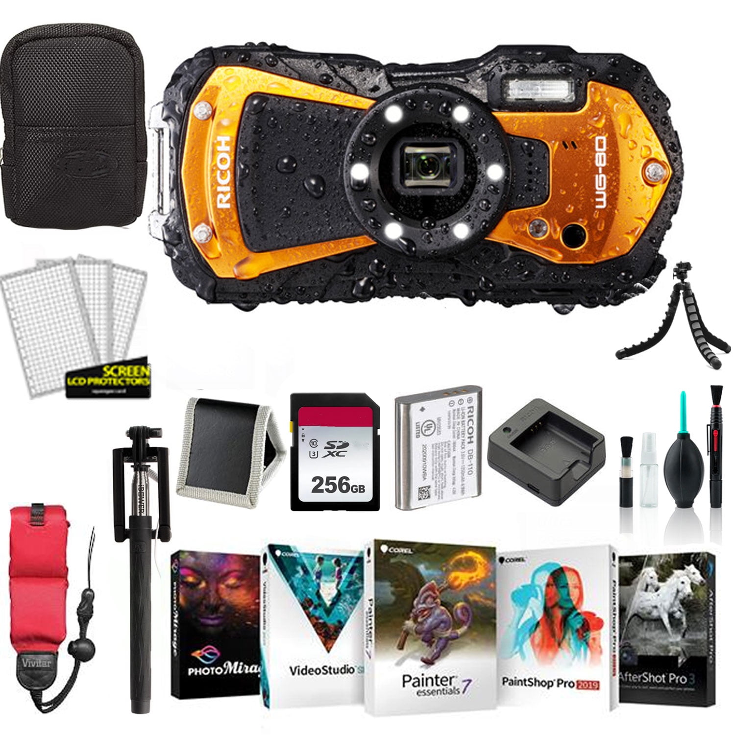 Ricoh WG-80 Waterproof Digital Camera, 2.7" LCD (Orange) 03128- Bundle ...