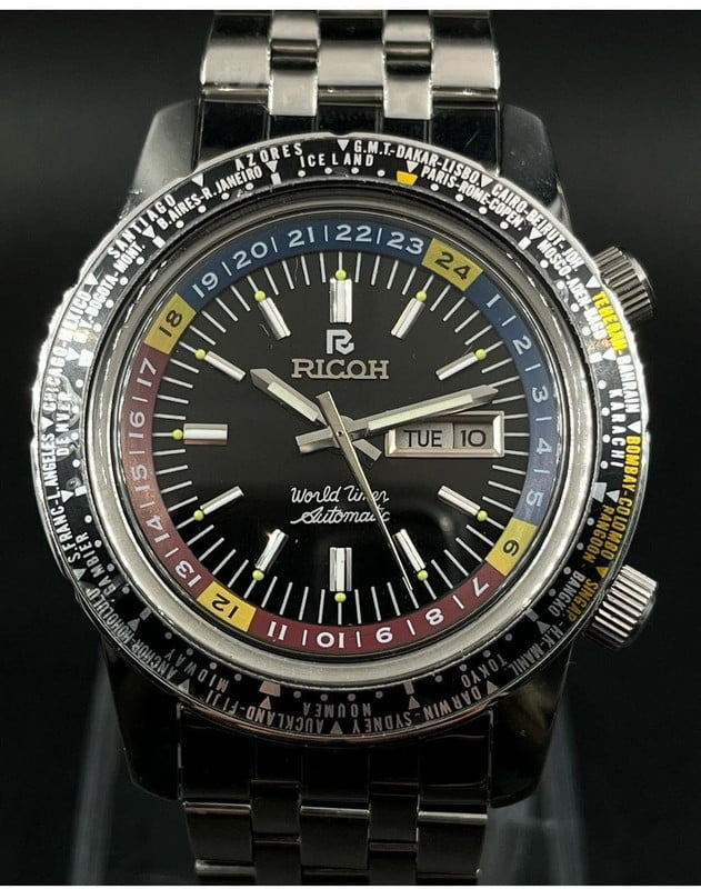 Ricoh World timer Automatic Black Dial Vintage Men's Watch Worldtimer ...