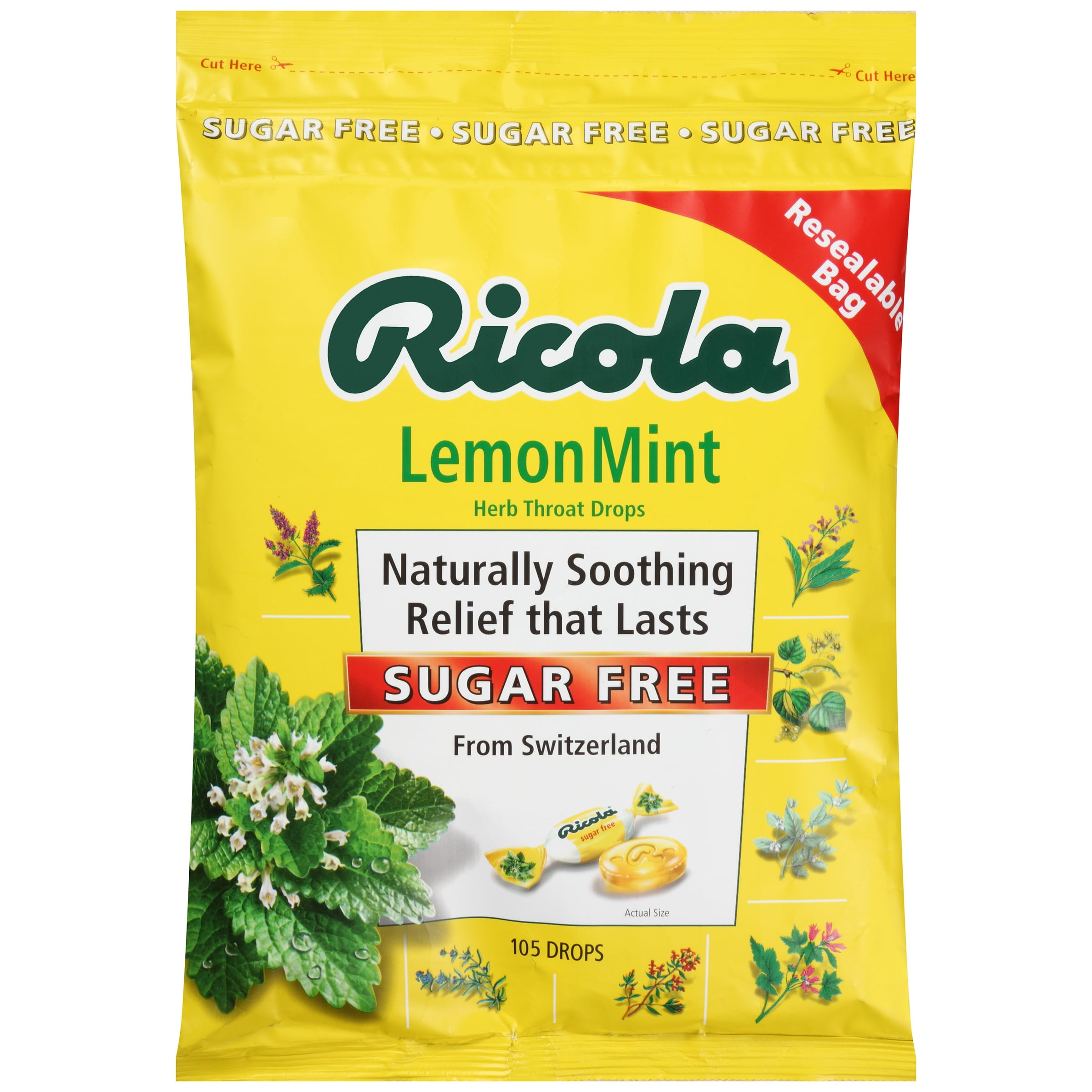 Ricola Big Pack Lemon Mint Sugar Free Herb Throat Cough Drops 105 ct Bag - Walmart.com