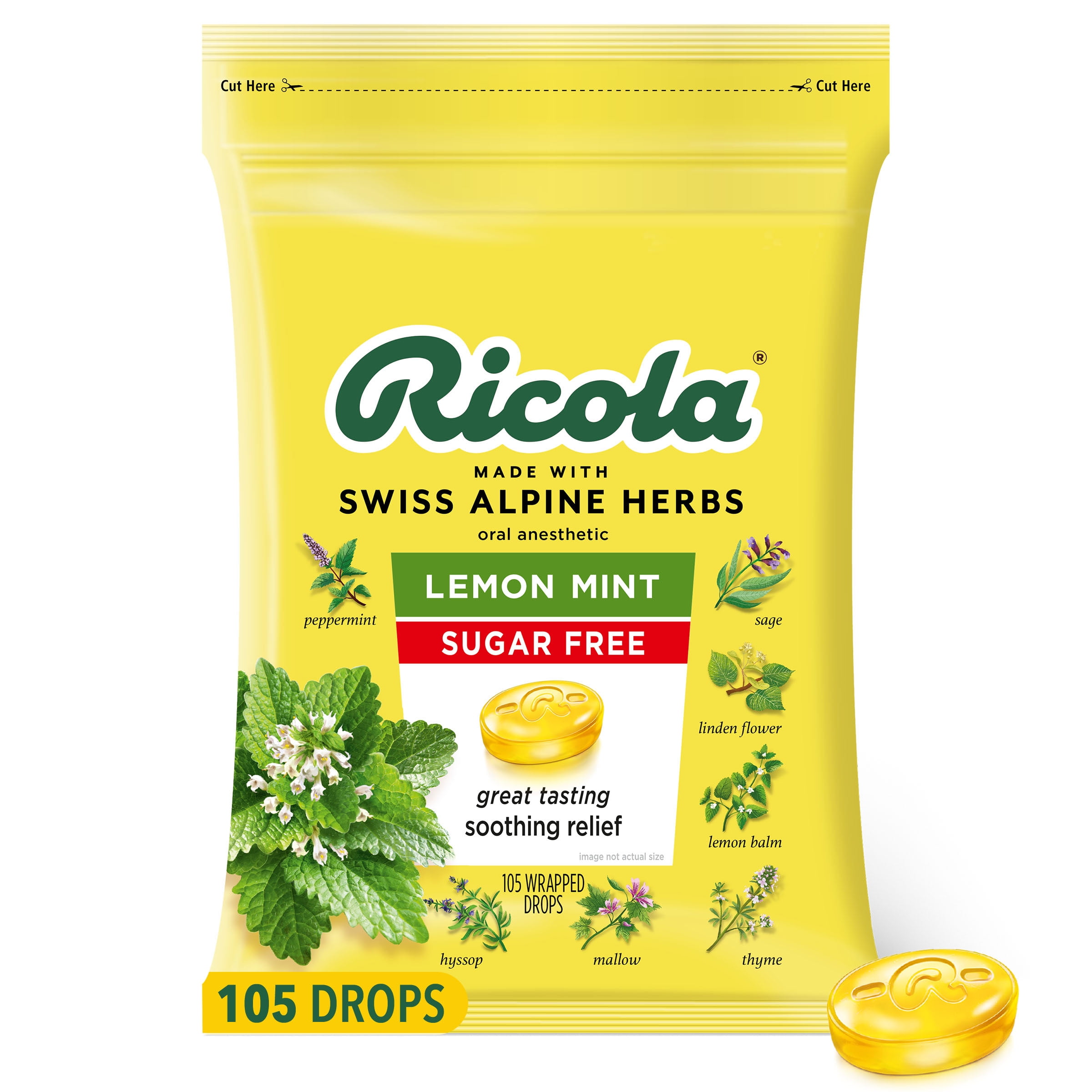 Ricola® Sugar Free Lemon Mint Throat Drops | Refreshing Throat Relief & Oral Anesthetic, 105 ...