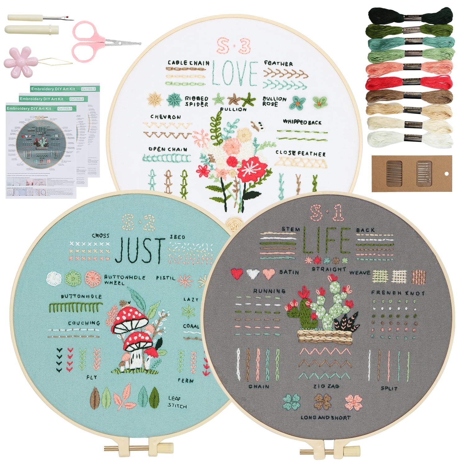 RidaaFri 3 Sets Floral Embroidery Kit Beginners, DIY Adults Craft Set ...