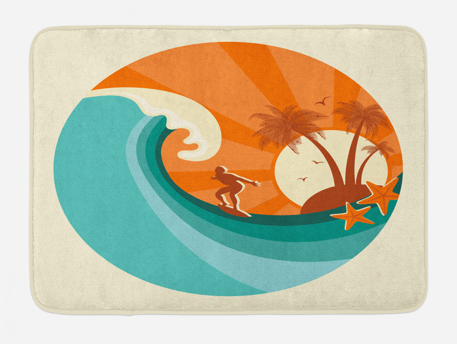 Ride The Wave Bath Mat, Retro Man Surfing at Beach Island Coconut Palm ...