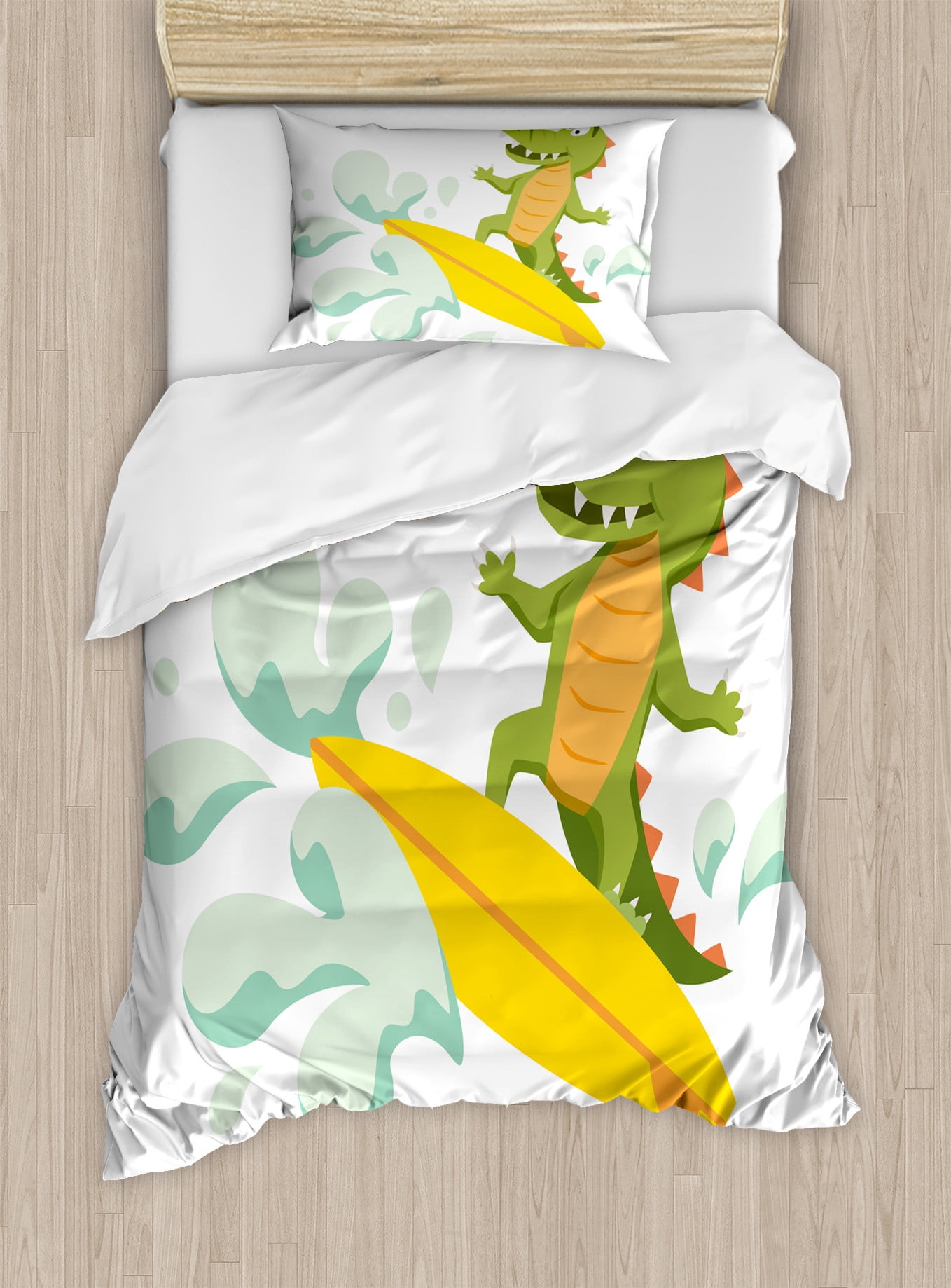 Ride the Wave Duvet Cover Set, Crocodile Surfing Caricature Humor Wild ...