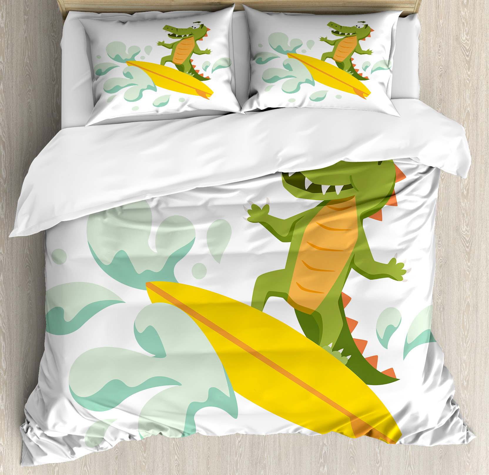 Ride the Wave Duvet Cover Set, Crocodile Surfing Caricature Humor Wild ...