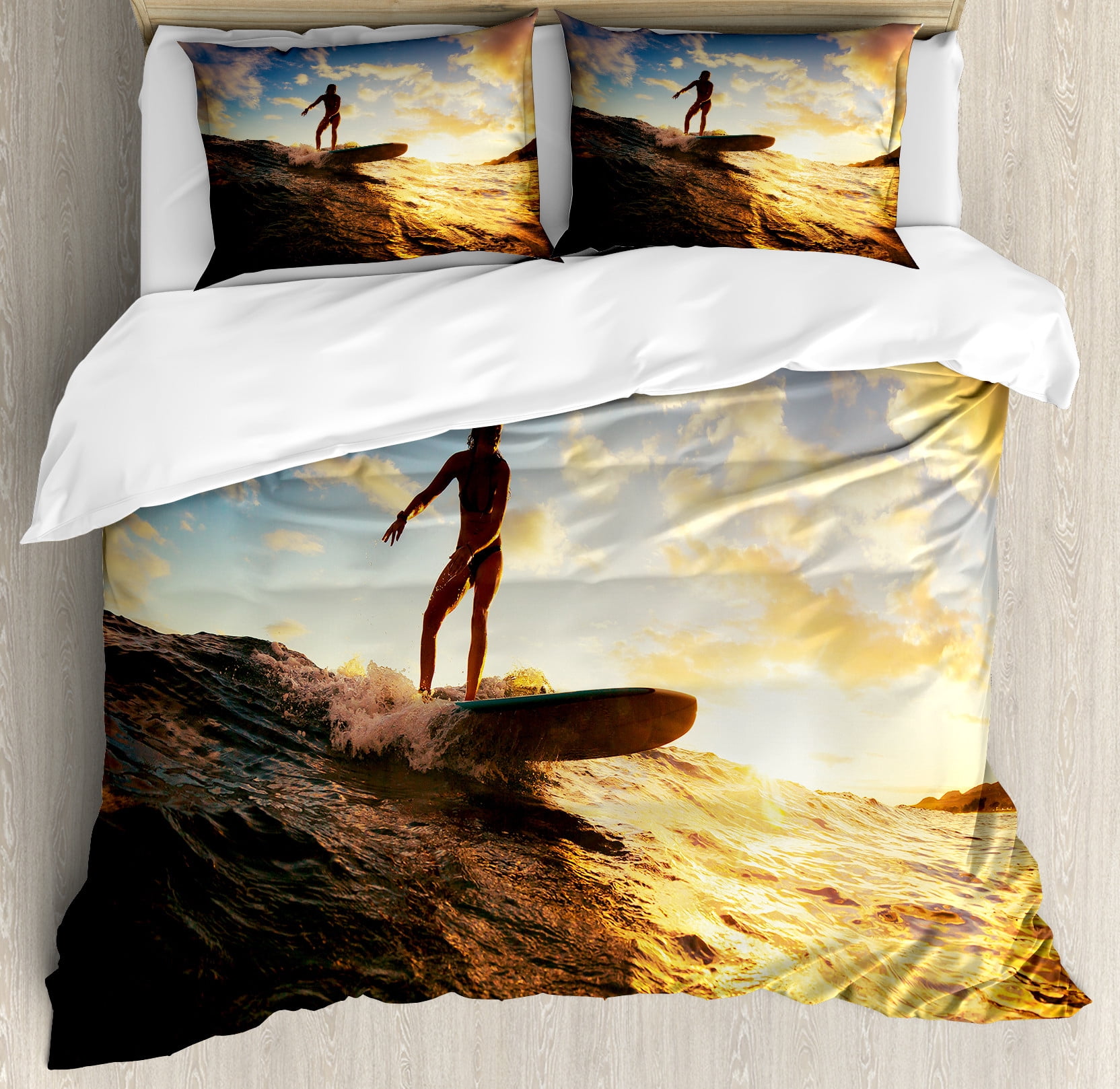 Ride the Wave Duvet Cover Set, Sunset Surf in the Ocean Young Woman ...
