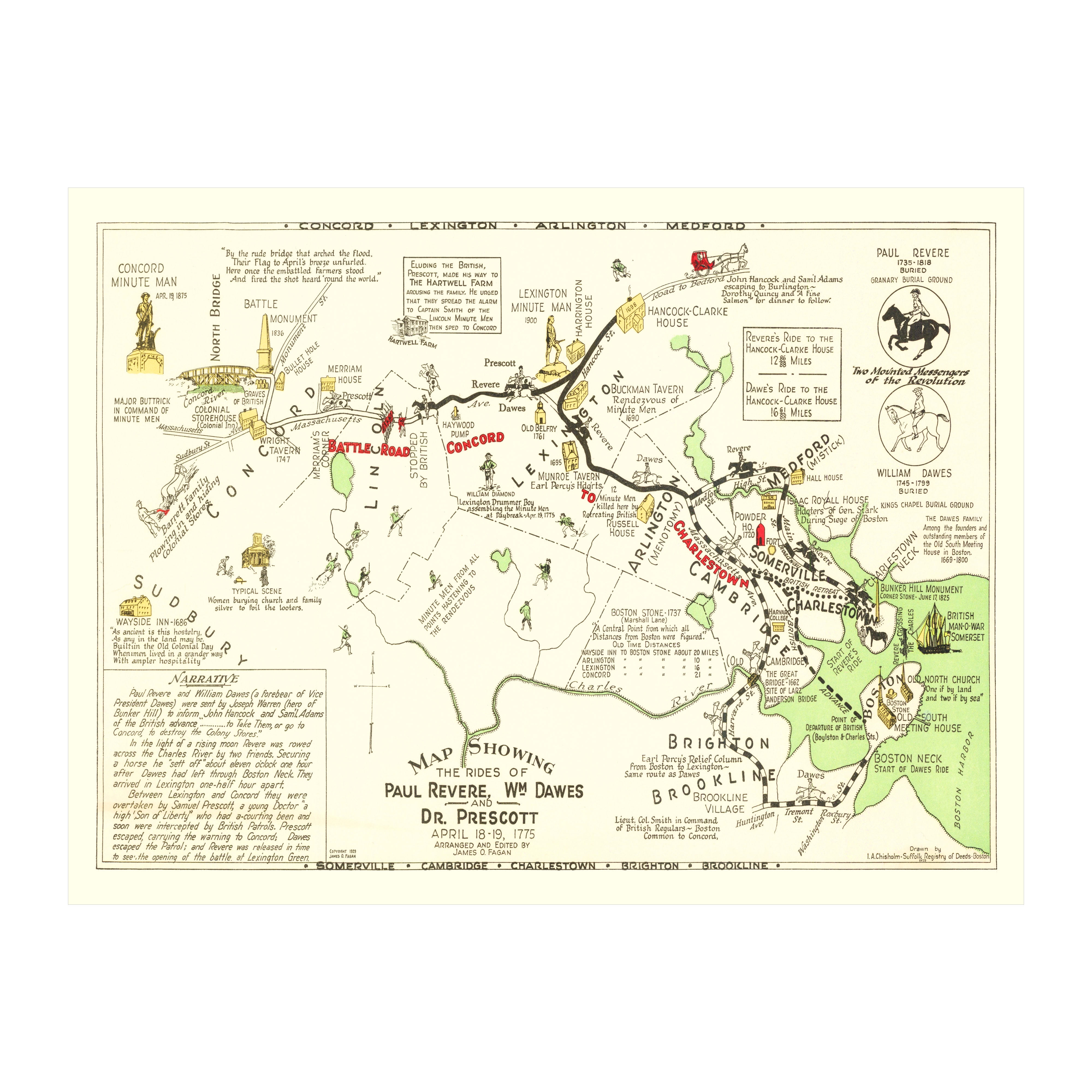 Rides of Paul Revere Art, 1929 Vintage Map of Rides of Paul Revere ...